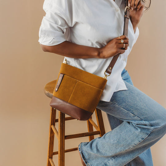 Betsy Bucket Bag | Mustard Suede + Brown Leather – R. Riveter